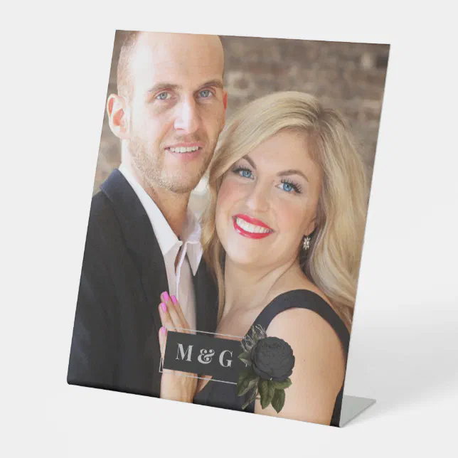Vintage Gothic Black Rose Photo Monogram Pedestal Sign | Zazzle