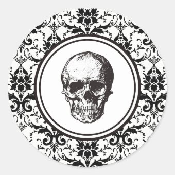 Vintage Gothic Black & White Damask Pattern Skull Classic Round Sticker ...