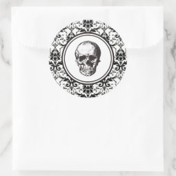 Vintage Gothic Black & White Damask Pattern Skull Classic Round Sticker ...