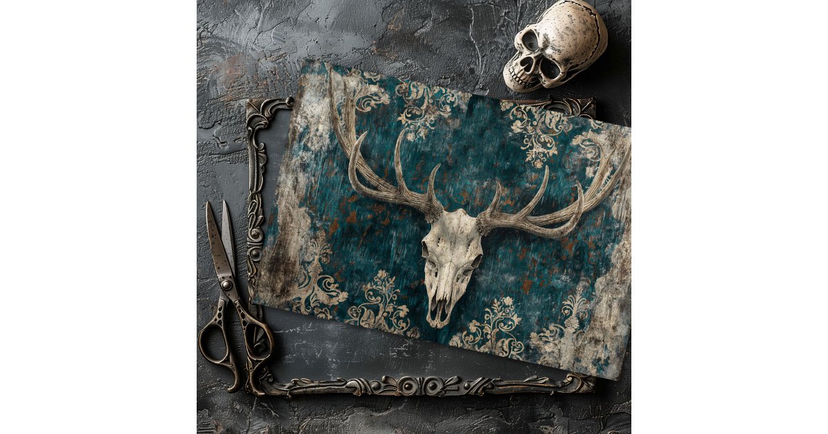 Vintage Gothic Skeleton Deer Skull Decoupage Tissue Paper | Zazzle