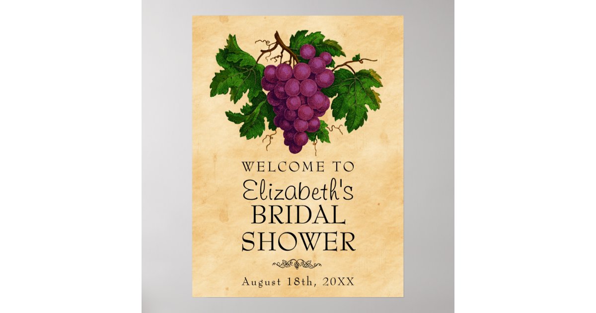 Vintage Grapes Wedding Bridal Shower Welcome Poster | Zazzle