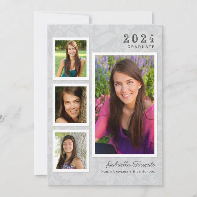 Vintage Gray Floral Graduation Photo Collage Invitation | Zazzle