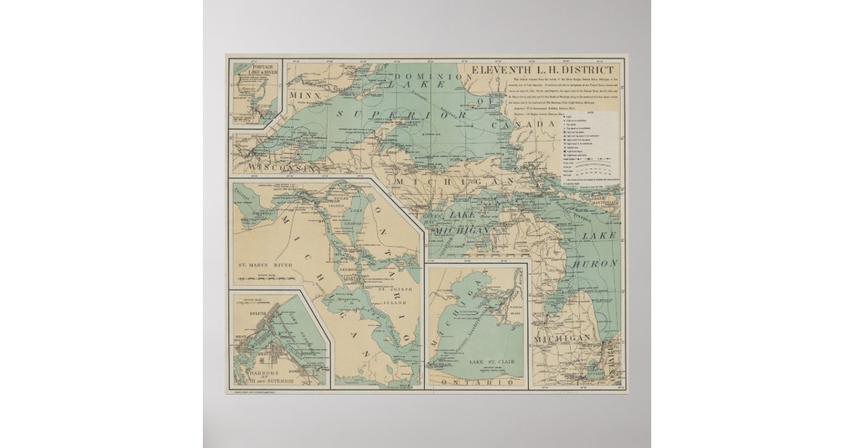Vintage Great Lakes Lighthouse Map (1898) Poster | Zazzle