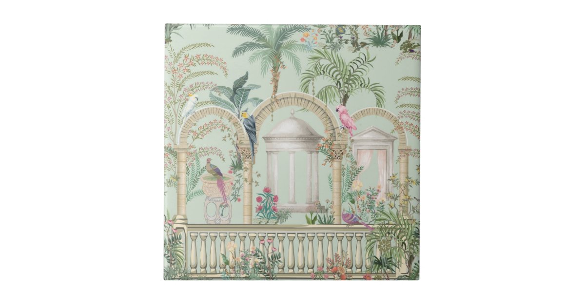 Vintage Greek Garden Arch Parrot Tropical Trees Ceramic Tile | Zazzle