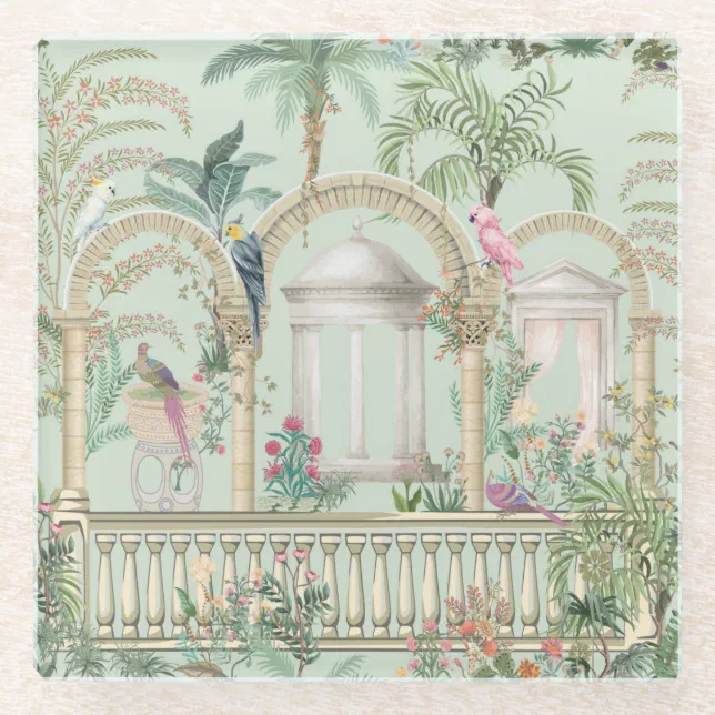 Vintage Greek Garden Arch Parrot Tropical Trees Glass Coaster | Zazzle