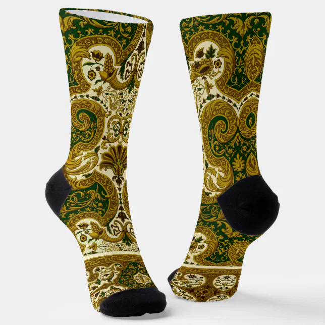 Vintage Green and Gold Floral Pattern Socks | Zazzle