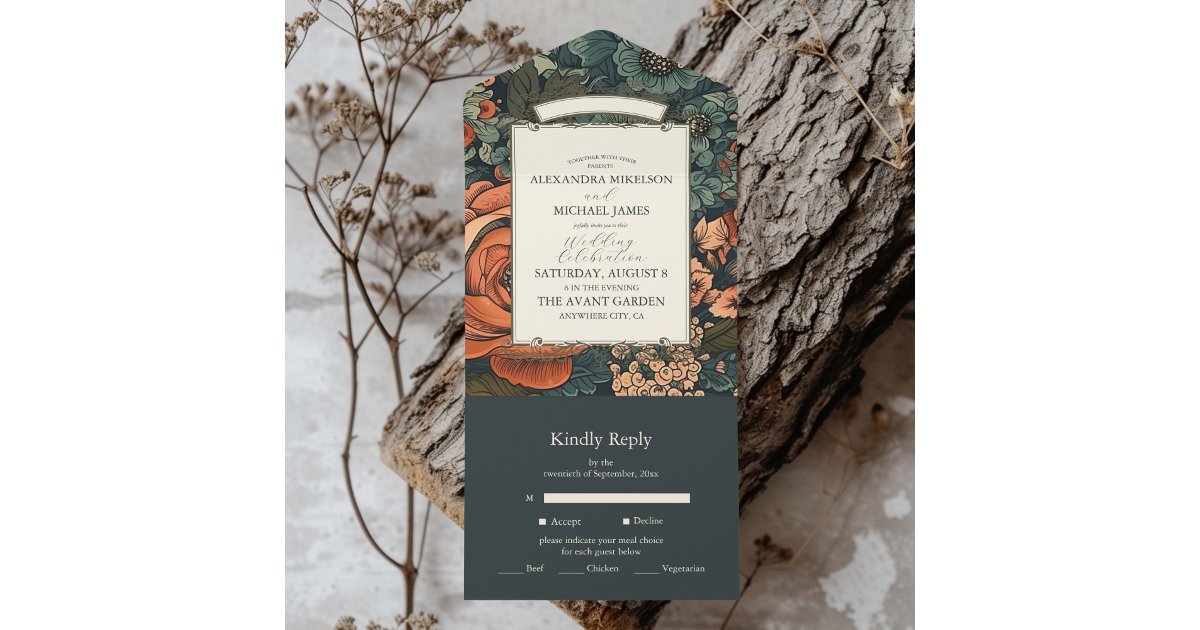 Vintage Green Fall Flowers Wedding All In One Invitation | Zazzle