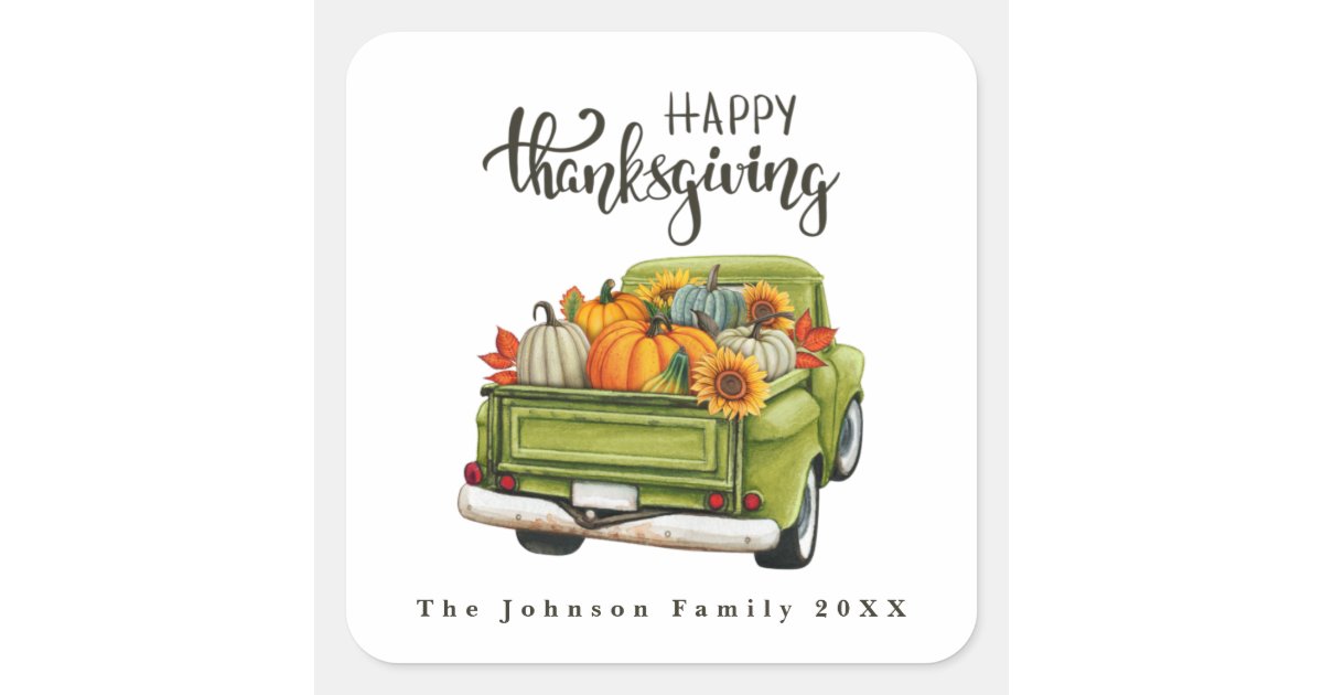 Vintage Green Farm Truck Thanksgiving Harvest Square Sticker | Zazzle