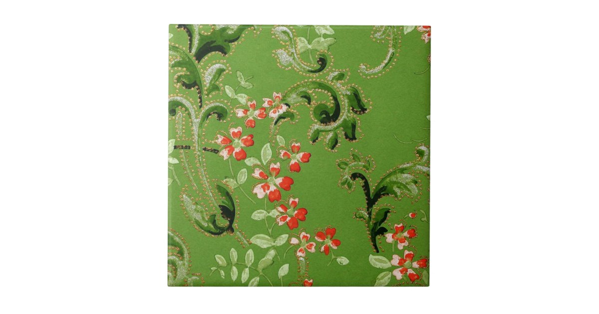 Vintage Green Floral Design Ceramic Tile | Zazzle