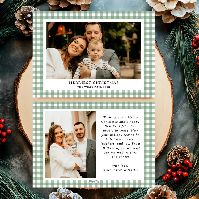 Vintage Green Gingham Plaid Photo Christmas Holiday Card | Zazzle