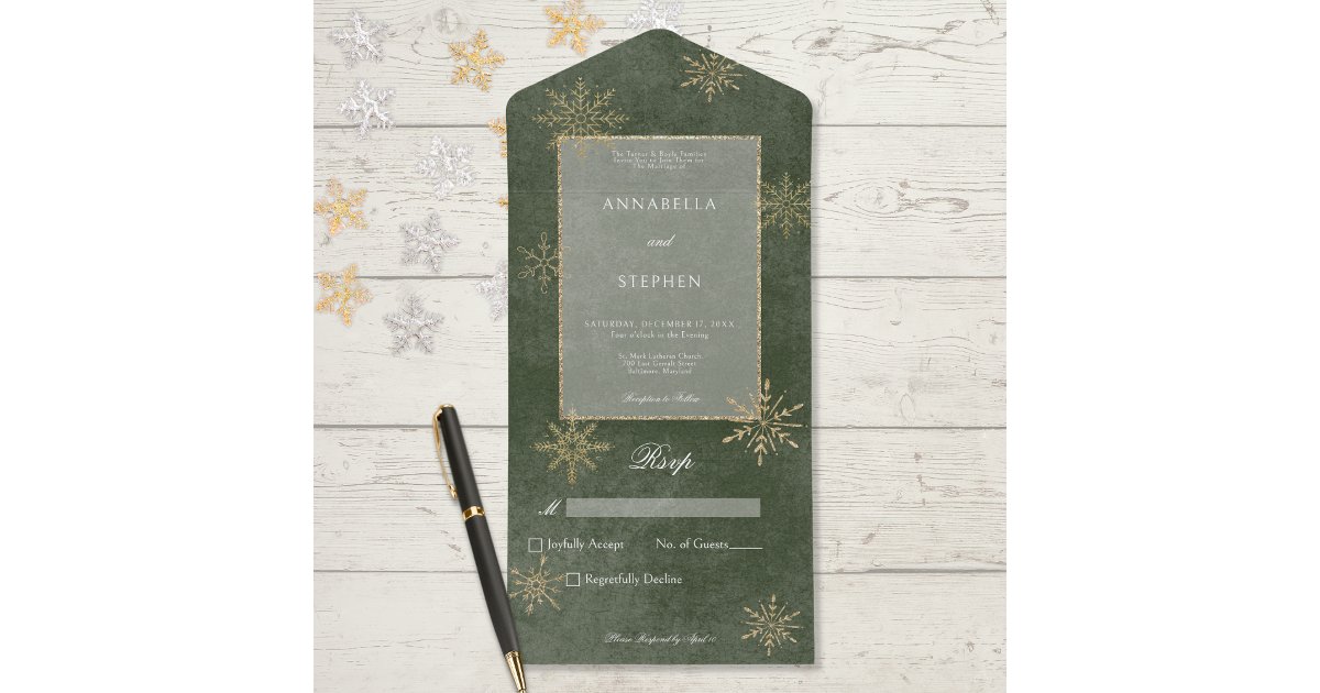 Vintage Green & Gold Glitter Snowflakes No Dinner All In One Invitation ...