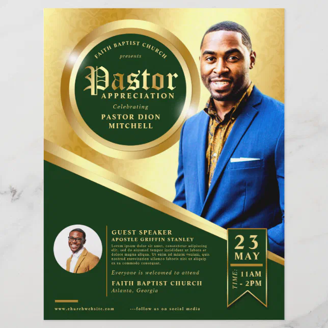 Vintage Green & Gold Pastor Appreciation Church Flyer | Zazzle