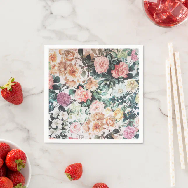Vintage green pink yellow watercolor roses floral. napkins | Zazzle