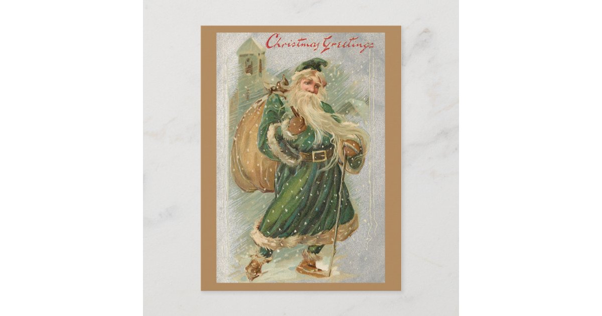 Vintage Green-Robed Father Christmas in Snow Postcard | Zazzle