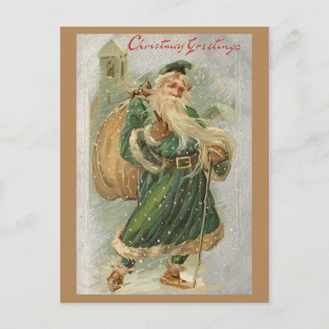 Vintage Green-Robed Father Christmas in Snow Postcard | Zazzle