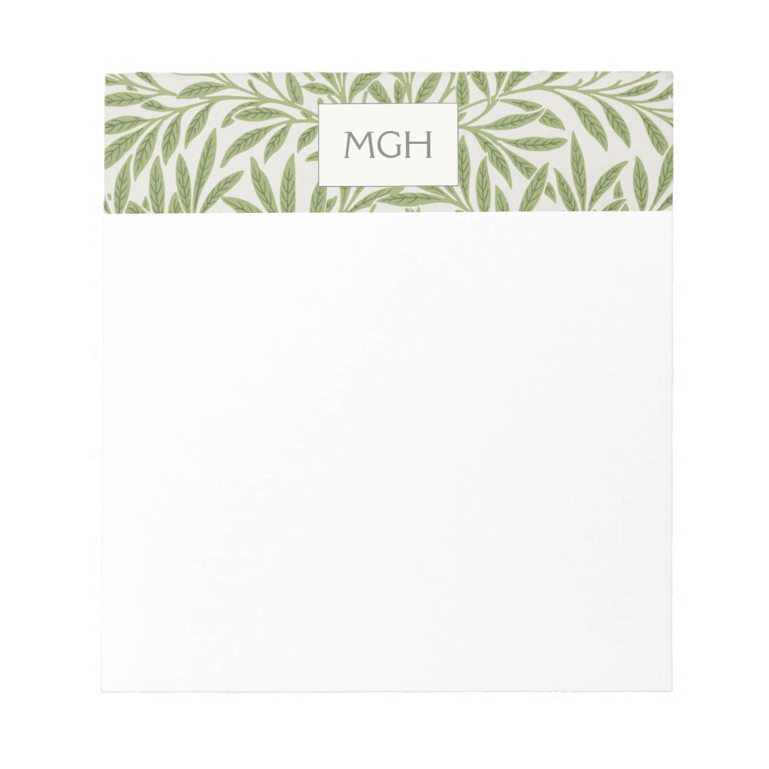 Vintage Green Willow Leaves Monogram Notepad | Zazzle