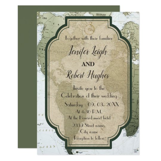 Vintage Green world travel themed wedding Invitation | Zazzle.com