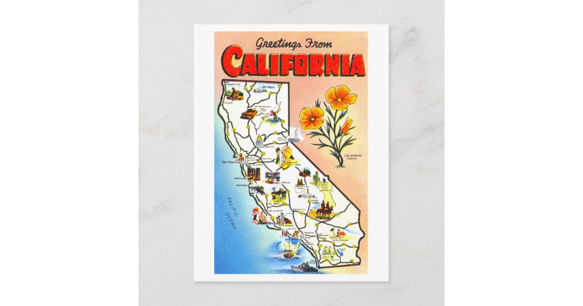 Vintage Greetings from California Map Postcard | Zazzle