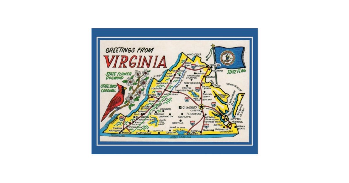 Vintage greetings Virginia map state flower, bird Postcard | Zazzle