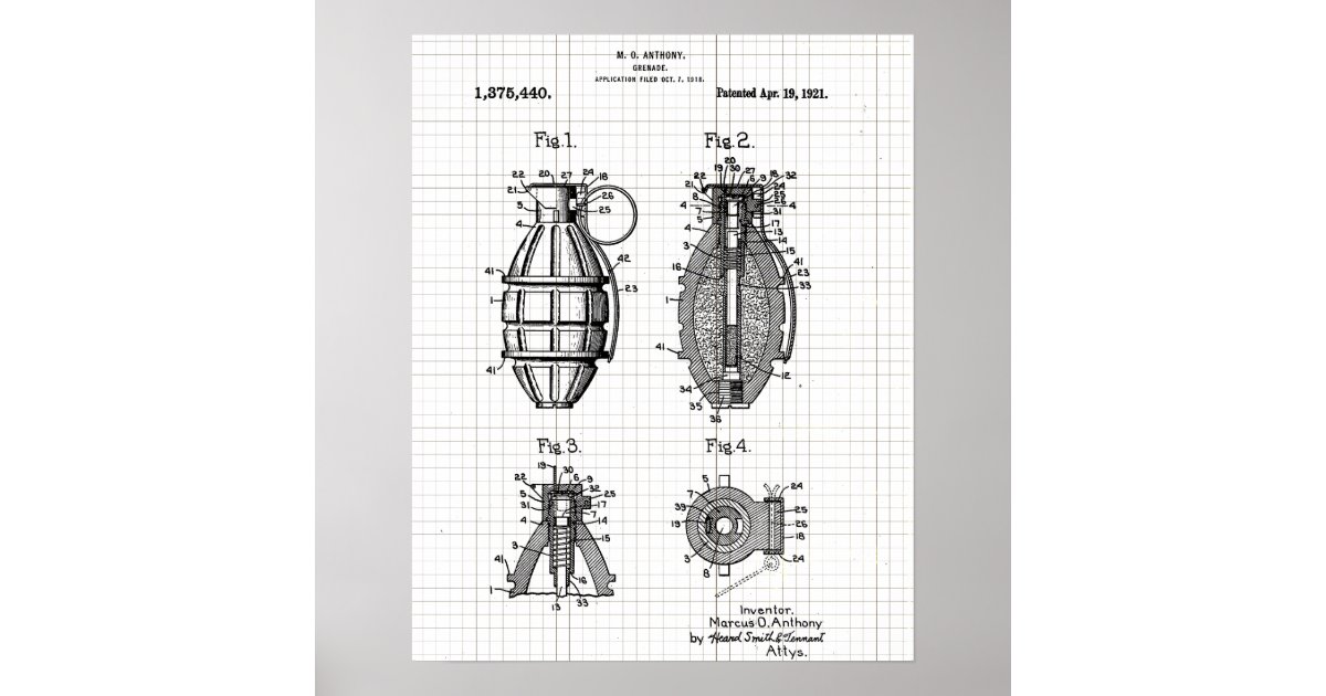 Vintage Grenade Patent Grid Poster | Zazzle