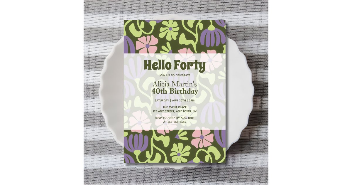 Vintage Groovy Flower Hello Forty 40th Birthday Invitation | Zazzle