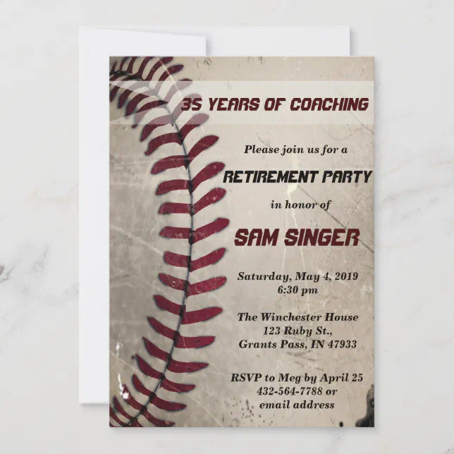 Vintage Grunge Baseball Coach Retirement Birthday Invitation | Zazzle