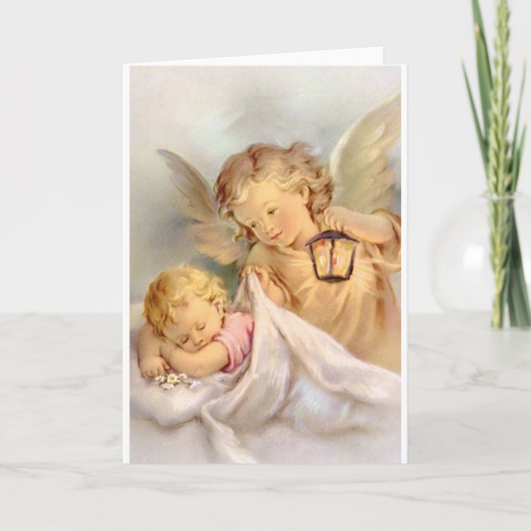 Vintage Guardian Angel And Baby Greeting Card | Zazzle