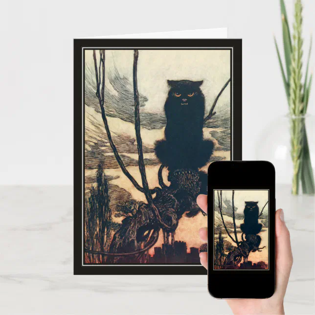 Vintage Halloween Arthur Rackham Black Cat Card | Zazzle