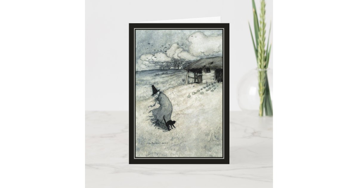 Vintage Halloween Arthur Rackham Witch + Black Cat Card | Zazzle