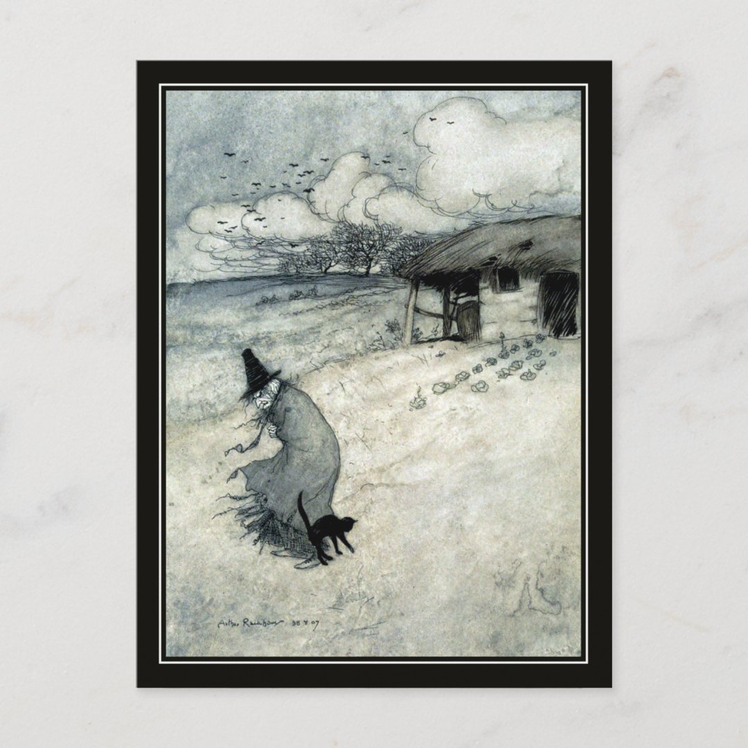Vintage Halloween Arthur Rackham Witch + Black Cat Postcard | Zazzle