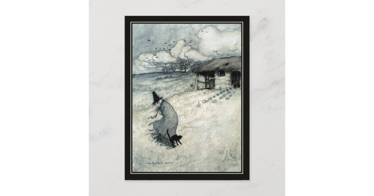 Vintage Halloween Arthur Rackham Witch + Black Cat Postcard | Zazzle