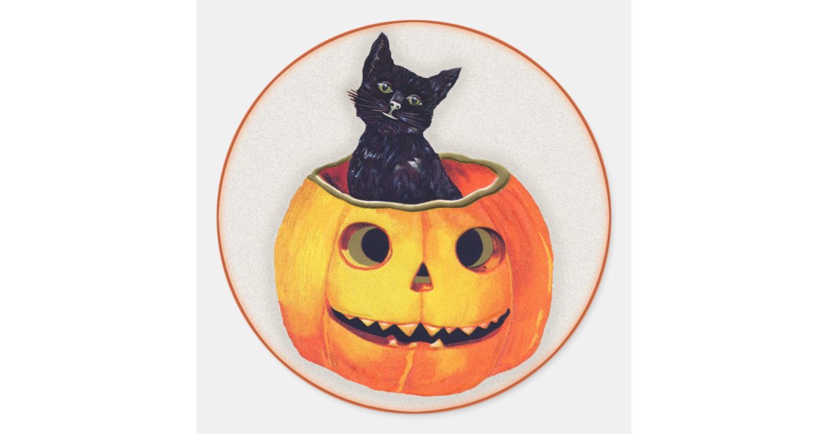 Vintage Halloween - Black Cat in a Jack O'Lantern Classic Round Sticker ...