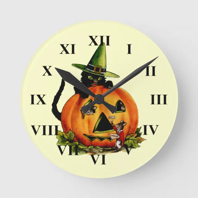 Vintage Halloween Black Cat Wall Clock | Zazzle