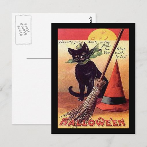 Vintage Halloween Black Cat Witch Card | Zazzle