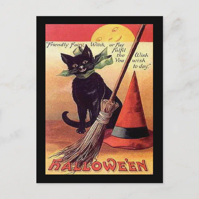 Vintage Halloween Black Cat Witch Card | Zazzle