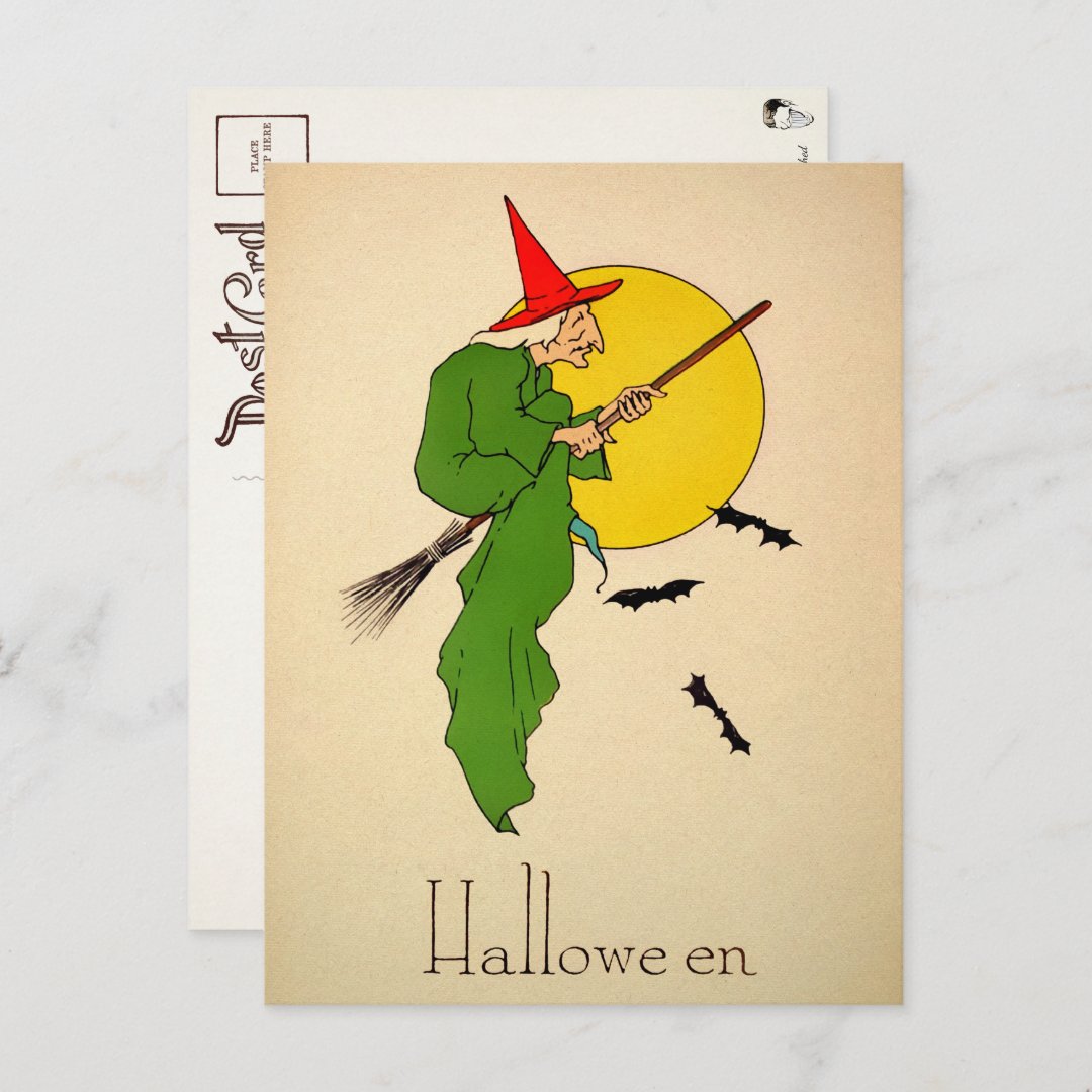 Vintage Halloween Broom Witch Postcard | Zazzle