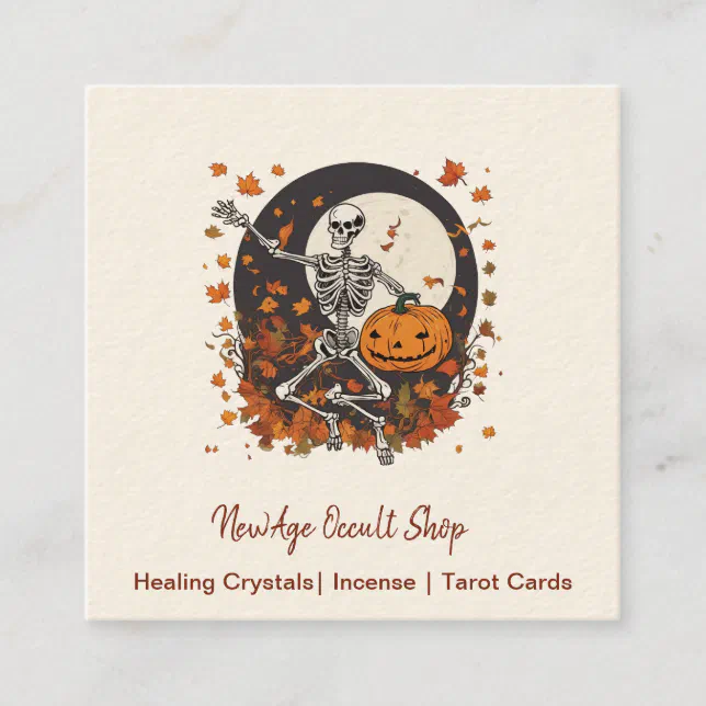 Vintage Halloween Dancing Skeleton Occult Shop Square Business Card ...