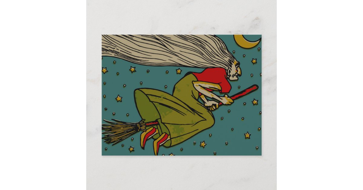 Vintage Halloween, Evil Witch Flying on Broomstick Postcard | Zazzle
