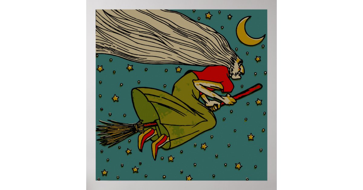 Vintage Halloween, Evil Witch Flying on Broomstick Poster | Zazzle