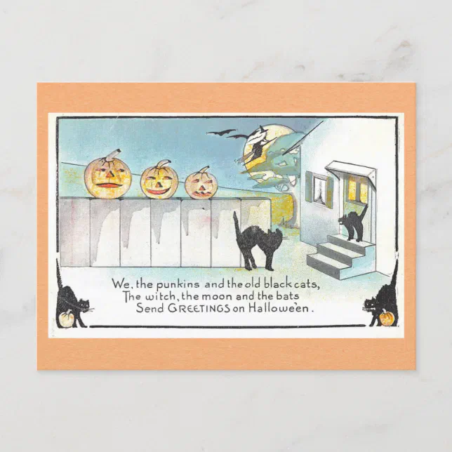 Vintage Halloween Greetings Black Cat Witch Poem Postcard | Zazzle