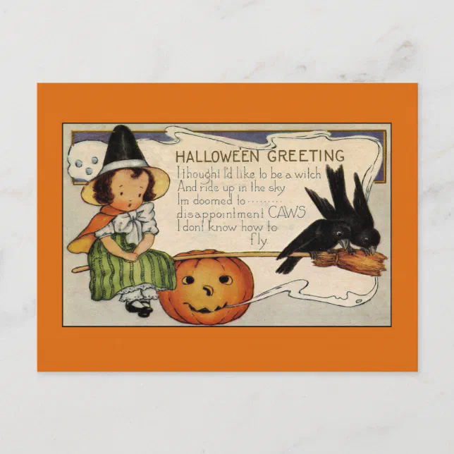 Vintage Halloween Greetings Cute Witch Postcard | Zazzle