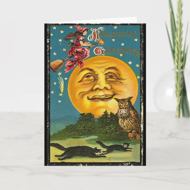 Vintage Halloween Greetings Witch Flying on Broom Card | Zazzle