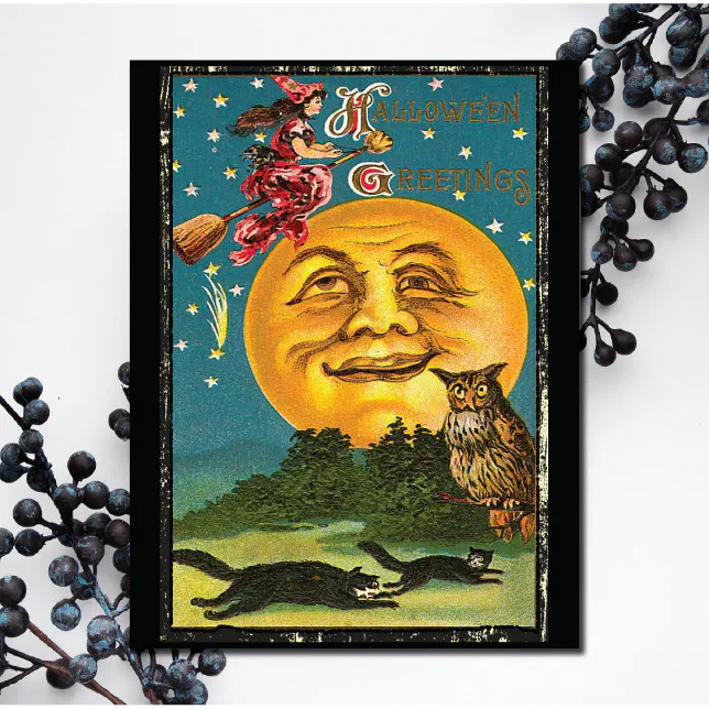 Vintage Halloween Greetings Witch Flying on Broom Note Card | Zazzle