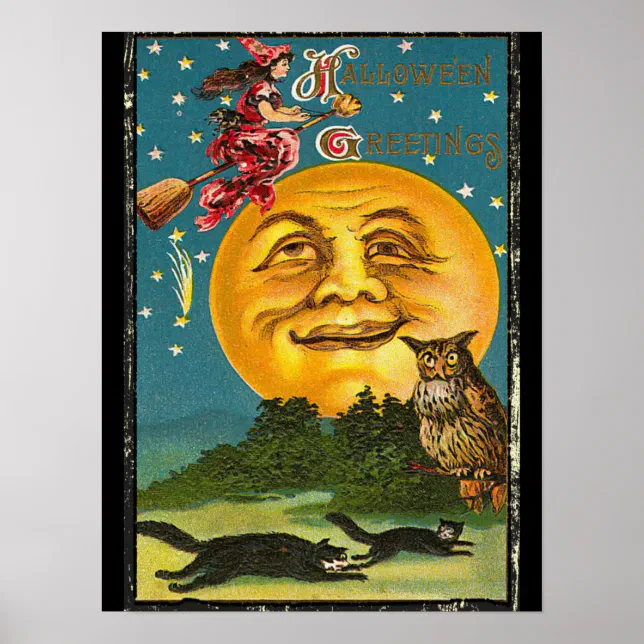 Vintage Halloween Greetings Witch Flying on Broom Poster | Zazzle