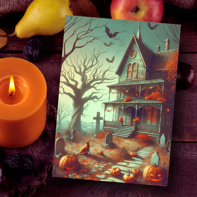 Vintage Halloween Haunted House Fall Holiday Card | Zazzle