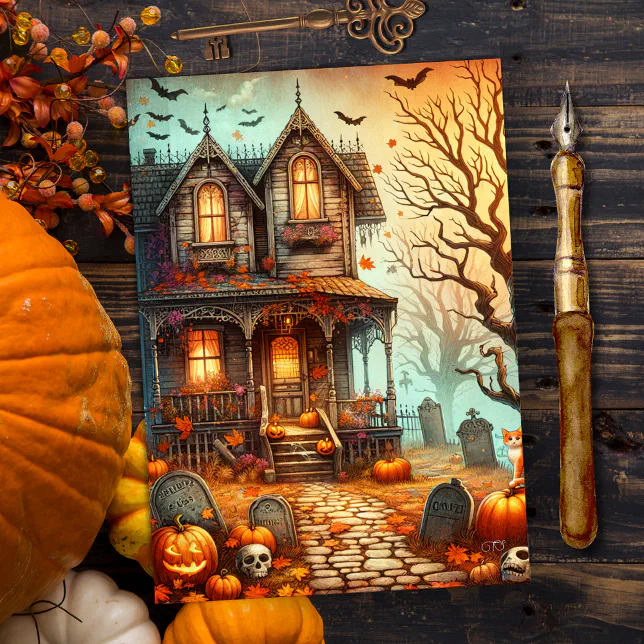 Vintage Halloween Haunted House Fall Holiday Card | Zazzle