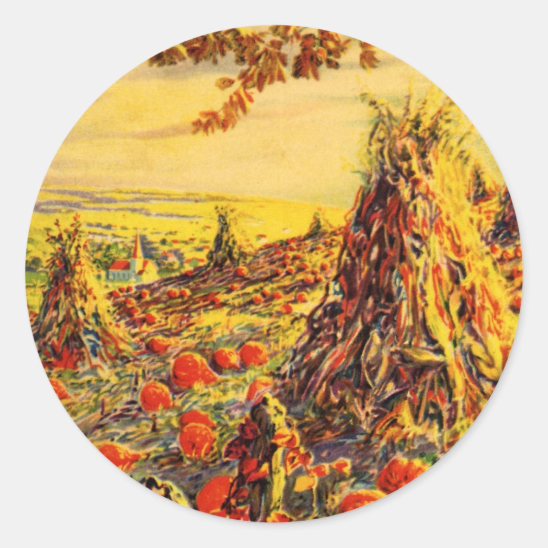 Vintage Halloween Pumpkin Patch with Haystacks Classic Round Sticker ...