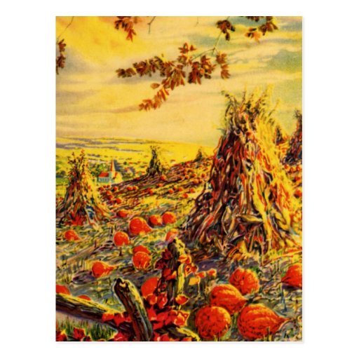 Vintage Halloween Pumpkin Patch with Haystacks Postcard | Zazzle