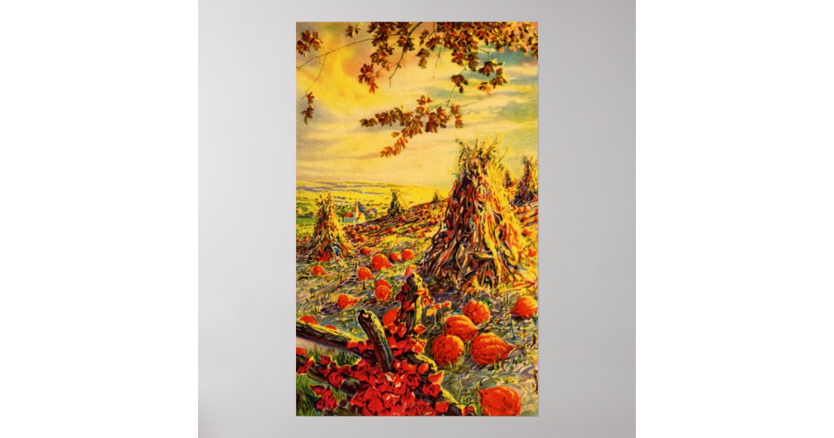 Vintage Halloween Pumpkin Patch with Haystacks Poster | Zazzle