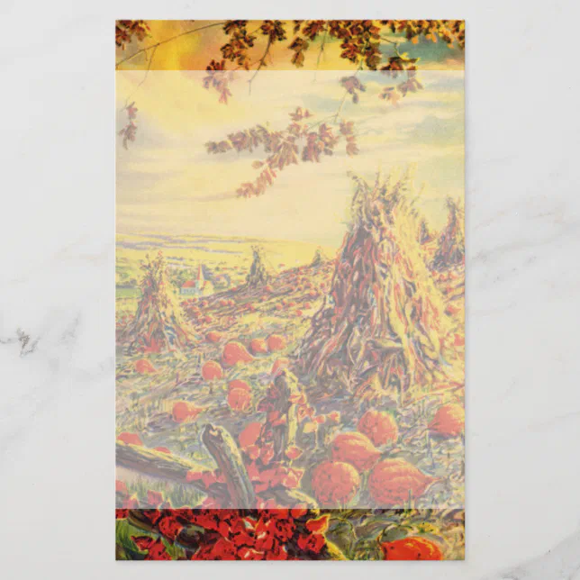 Vintage Halloween Pumpkin Patch with Haystacks Stationery | Zazzle